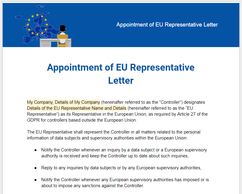 GDPR Appointment of EU Representative Letter - TermsFeed GDPR Appointment of EU Representative Letter - TermsFeed