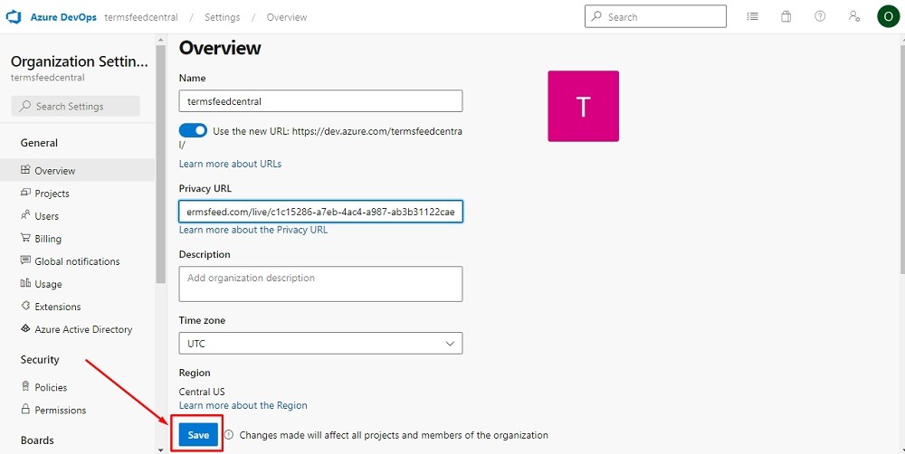 How to add a Privacy Policy URL to Microsoft Azure - TermsFeed