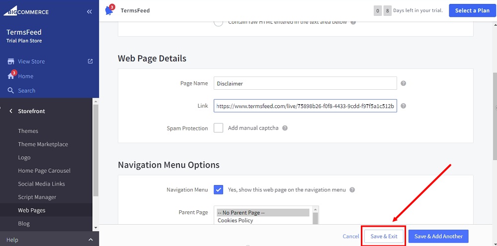 How to Link to Disclaimer on BigCommerce - TermsFeed