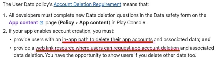 Delete Account URL in Google Data Safety Form - TermsFeed
